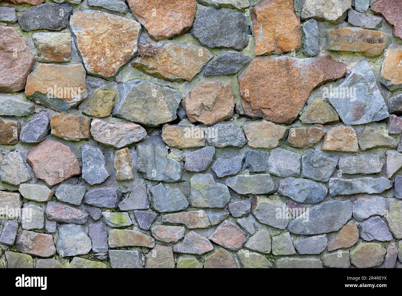 Stone wall paved with large cobblestones. A small bird sits on a ...