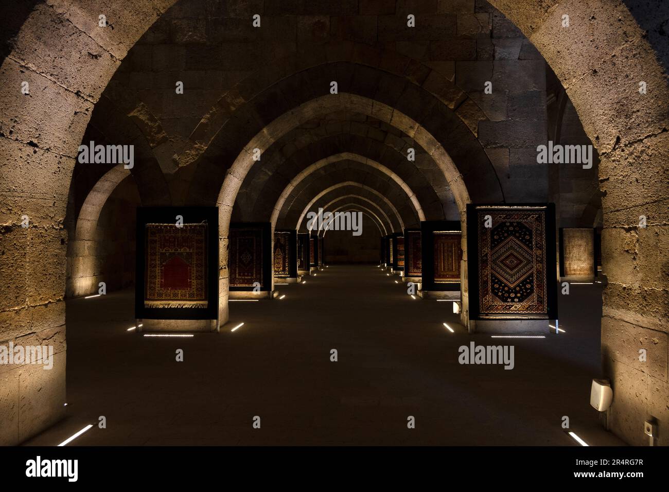 Exhibition of antique carpets in the Sultanhanı Caravanserai. The ...