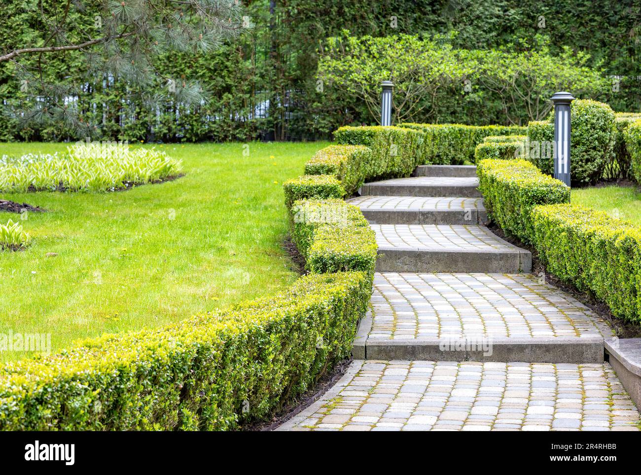 A winding paved step walkway in a beautiful park with decorative cut ...
