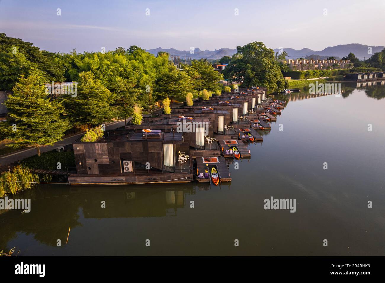 Aerial view of River Kwai and floating houses in Kanchanaburi province ...