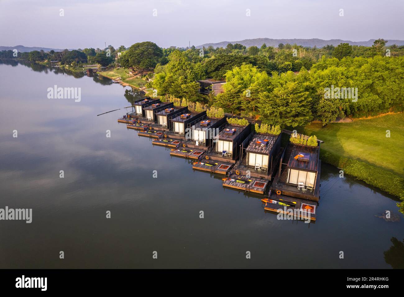 Aerial view of River Kwai and floating houses in Kanchanaburi province ...
