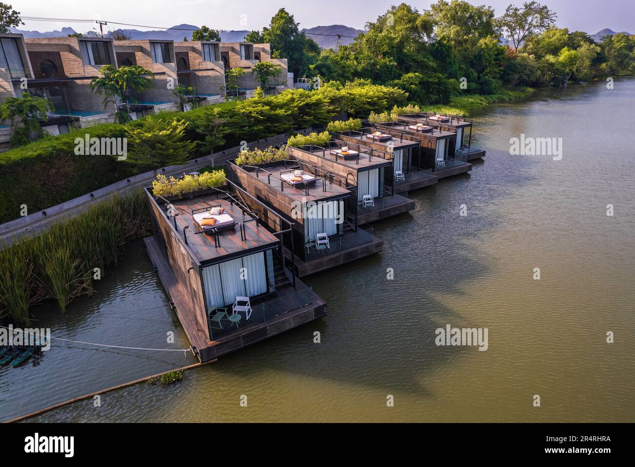 Aerial view of River Kwai and floating houses in Kanchanaburi province ...