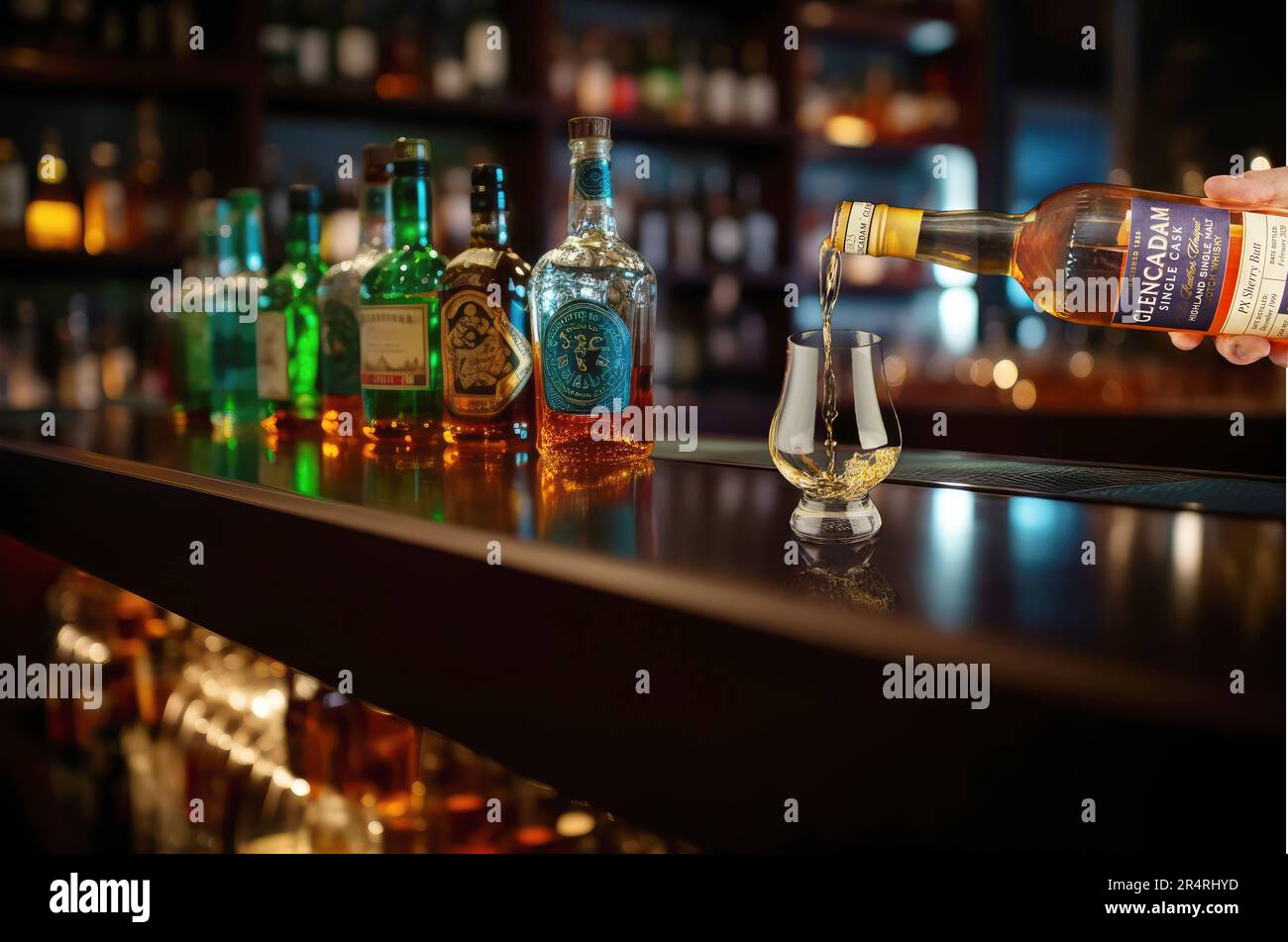 Collection of luxury whiskey stands on bar against the backdrop of bar ...