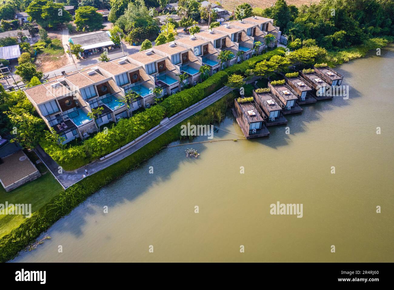 Aerial view of River Kwai and floating houses in Kanchanaburi province ...