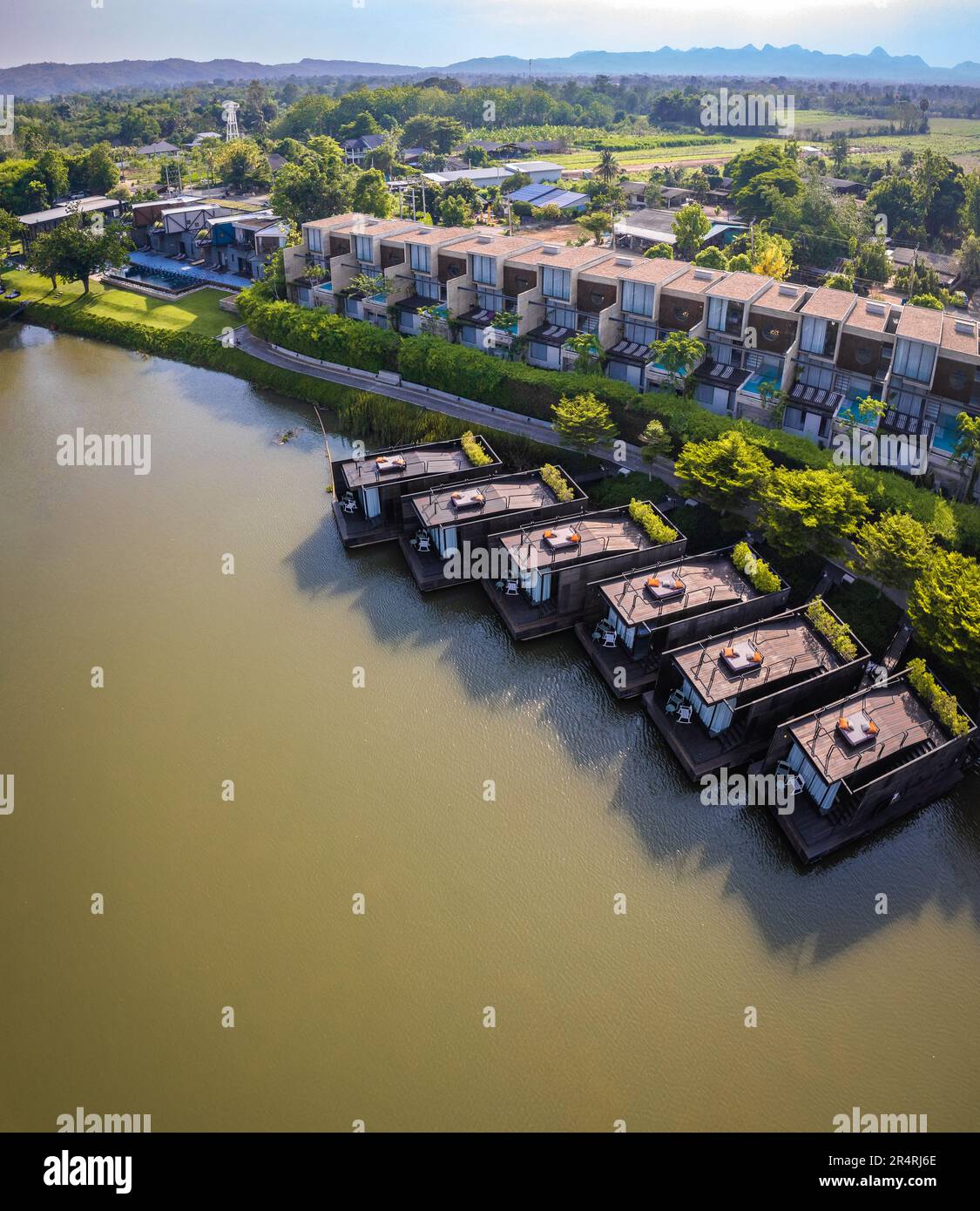 Aerial view of River Kwai and floating houses in Kanchanaburi province ...