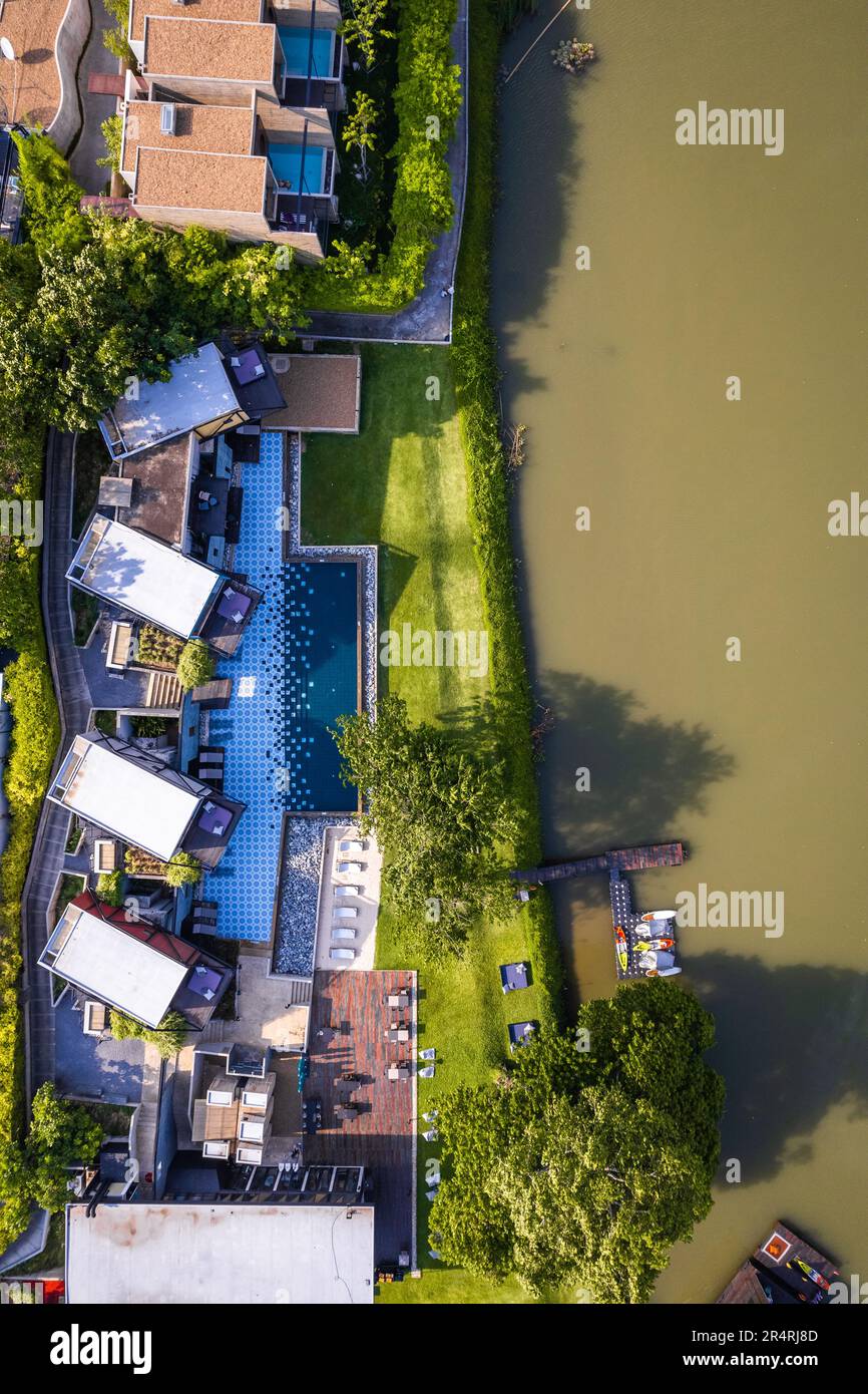 Aerial view of River Kwai and floating houses in Kanchanaburi province ...