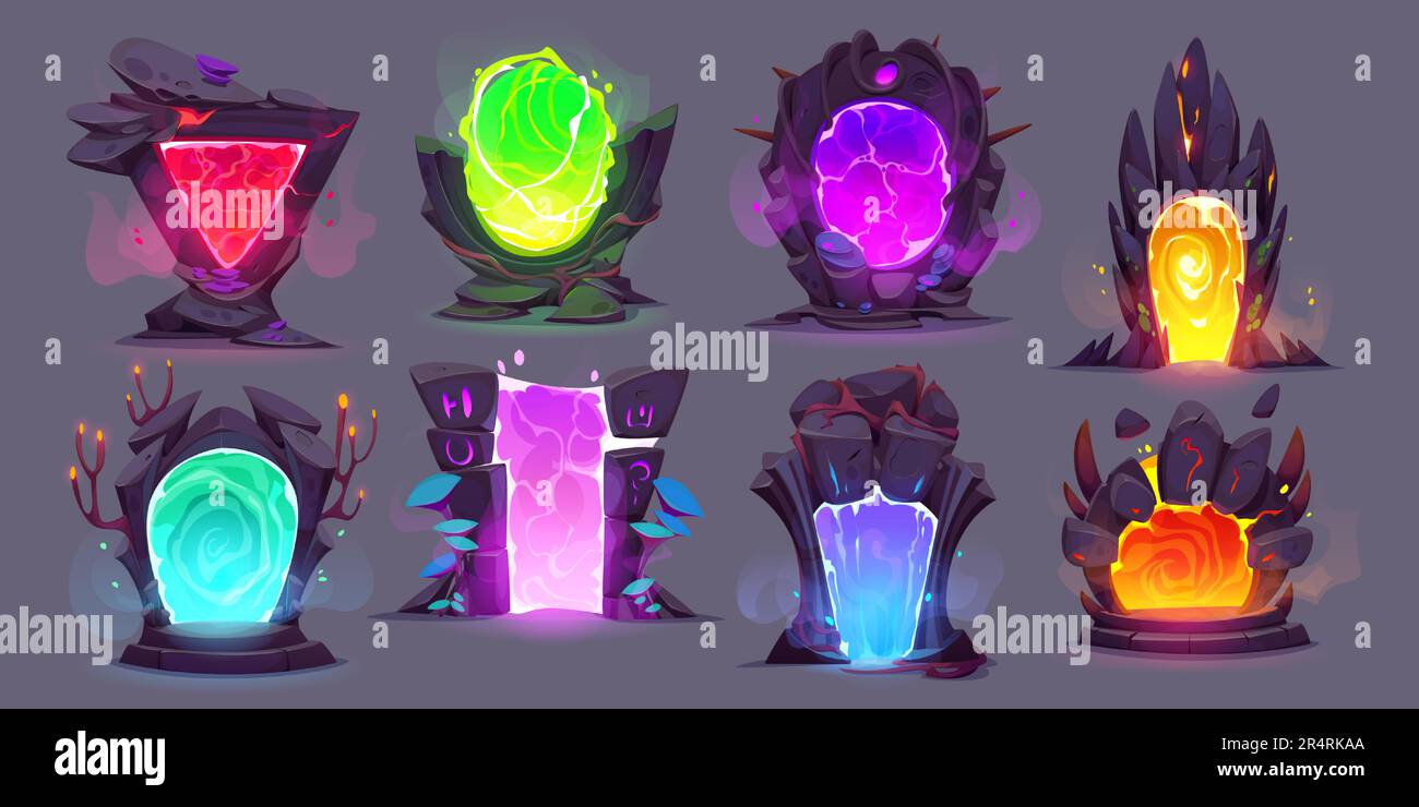Magic gate portal door ui futuristic game cartoon set. Green and blue ...