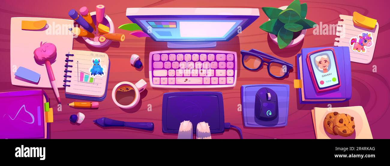 Study work desk top view with computer and mouse vector cartoon ...