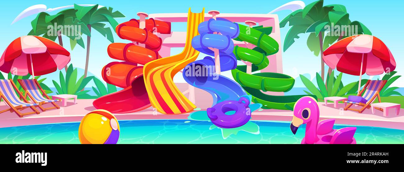 Aqua Park With Water Slide Summer Vector Cartoon Illustration Swimming