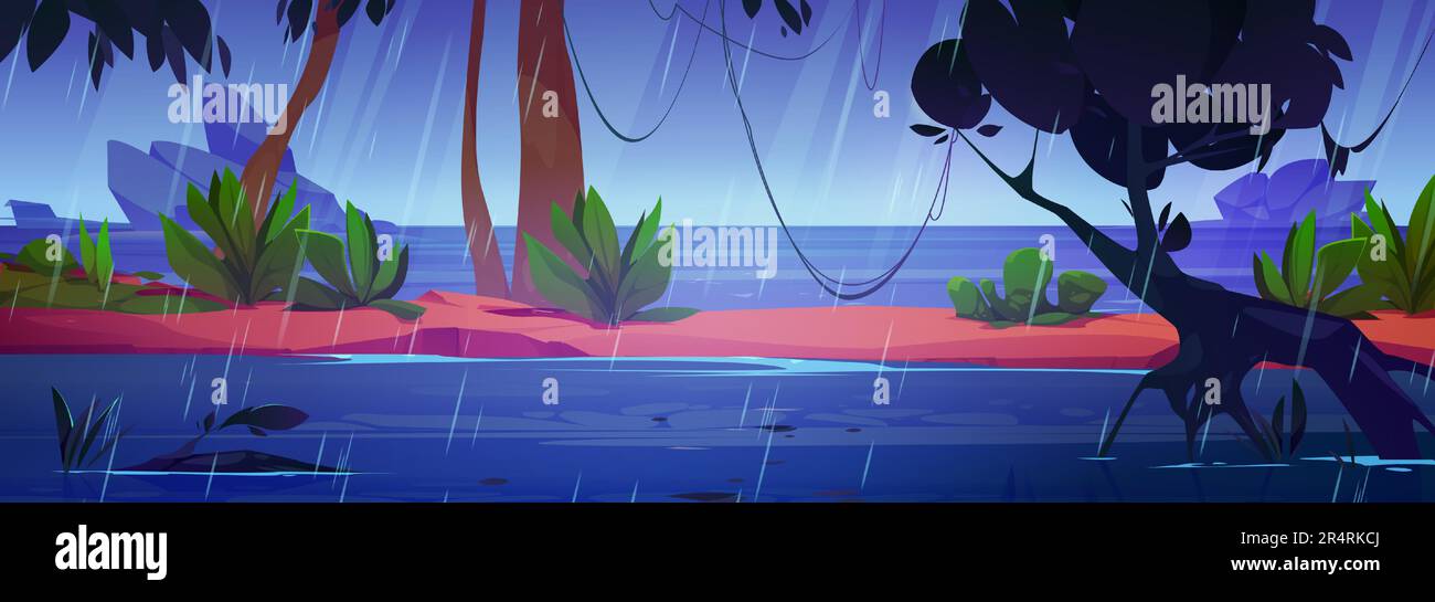 Rain in jungle forest with river cartoon vector landscape background ...