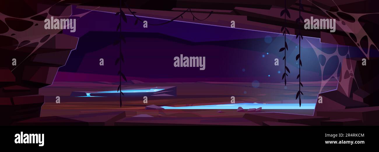 Abandoned stone cave in jungle with pond cartoon vector background ...