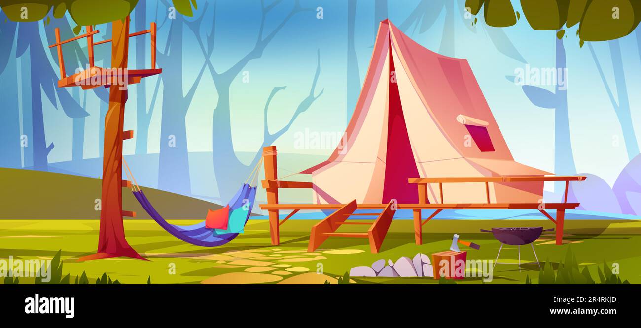 Camp tent near pond in forest vector background. Cartoon adventure ...