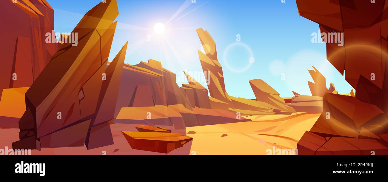 Uninhabited desert landscape under blazing sun in blue sky. Vector ...