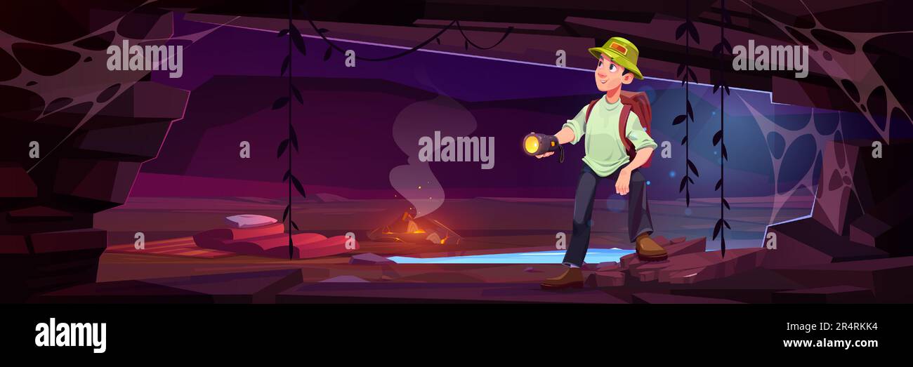 Male traveler standing in cave with flashlight. Vector cartoon ...