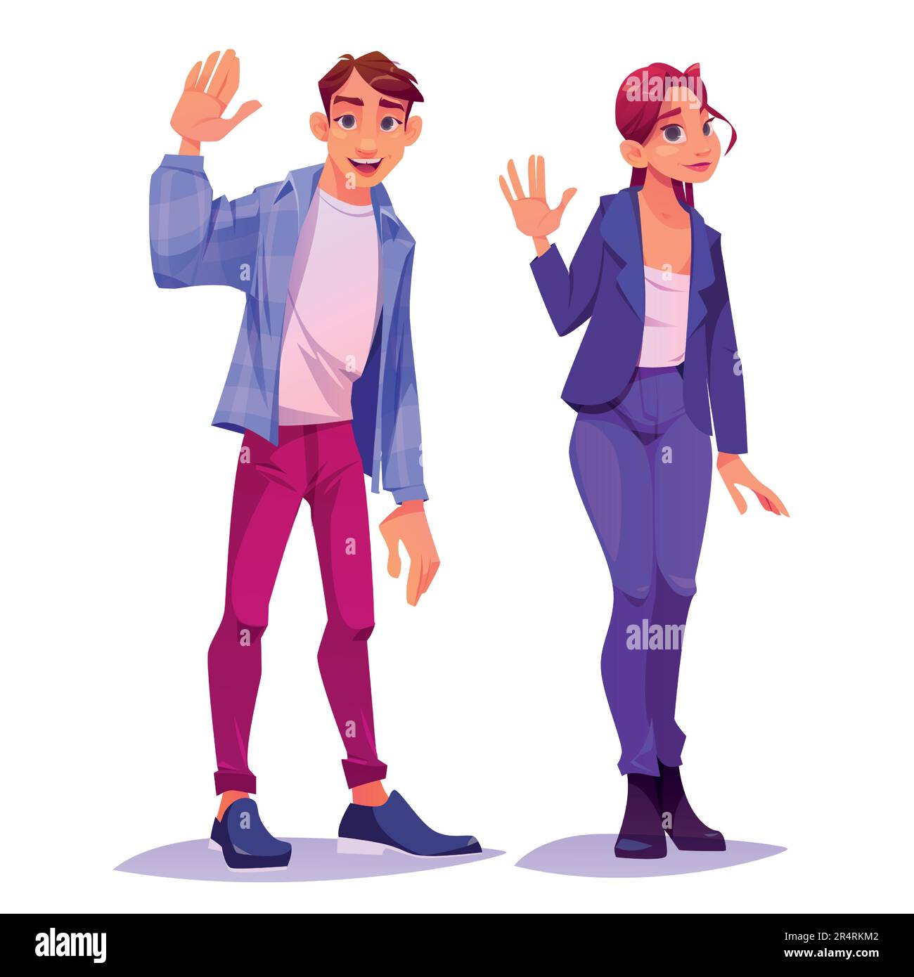 People waving hand. Man and woman characters say Hello with greeting ...