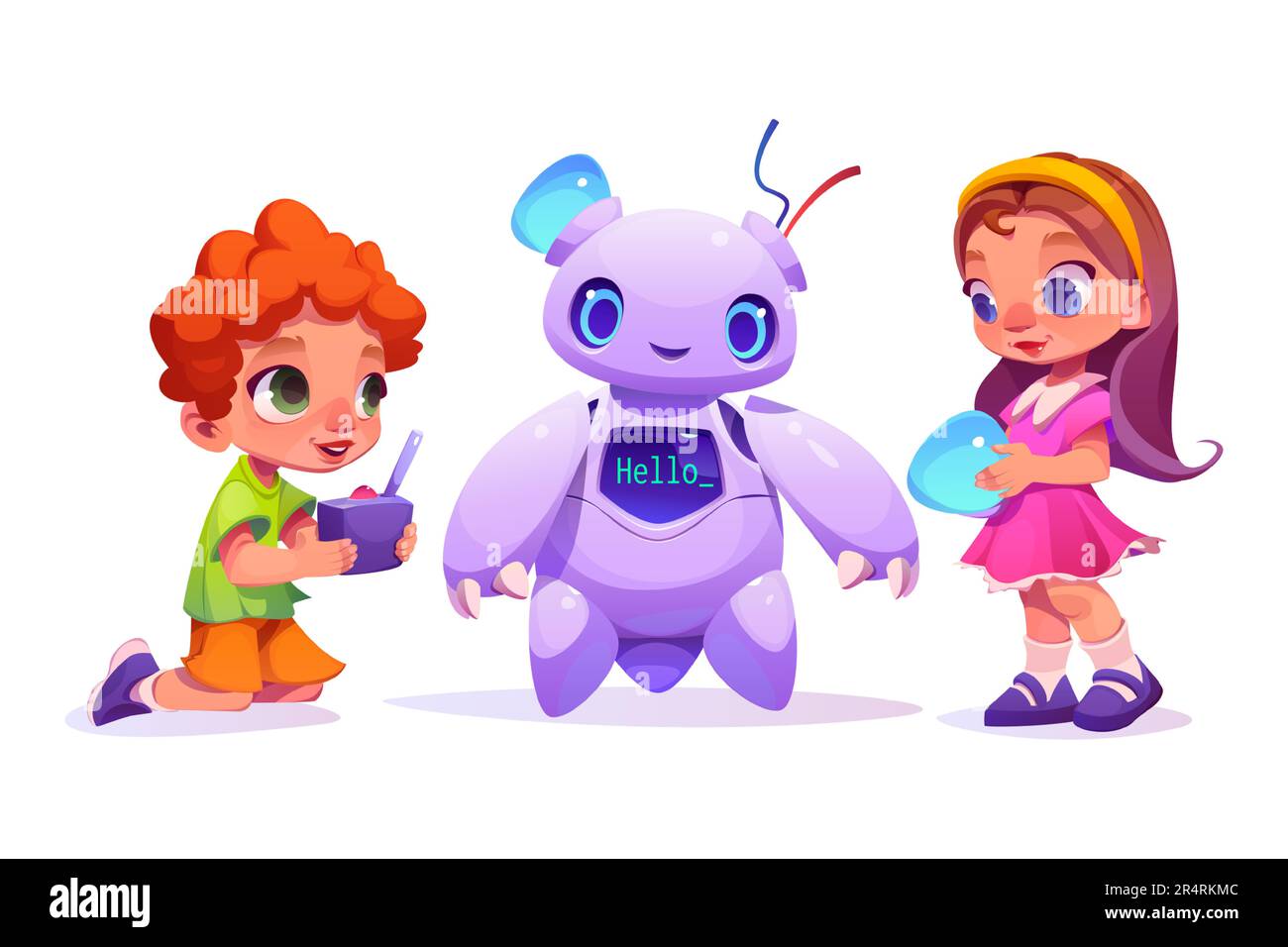 Smart boy and girl repairing robot isolated on white background. Vector ...