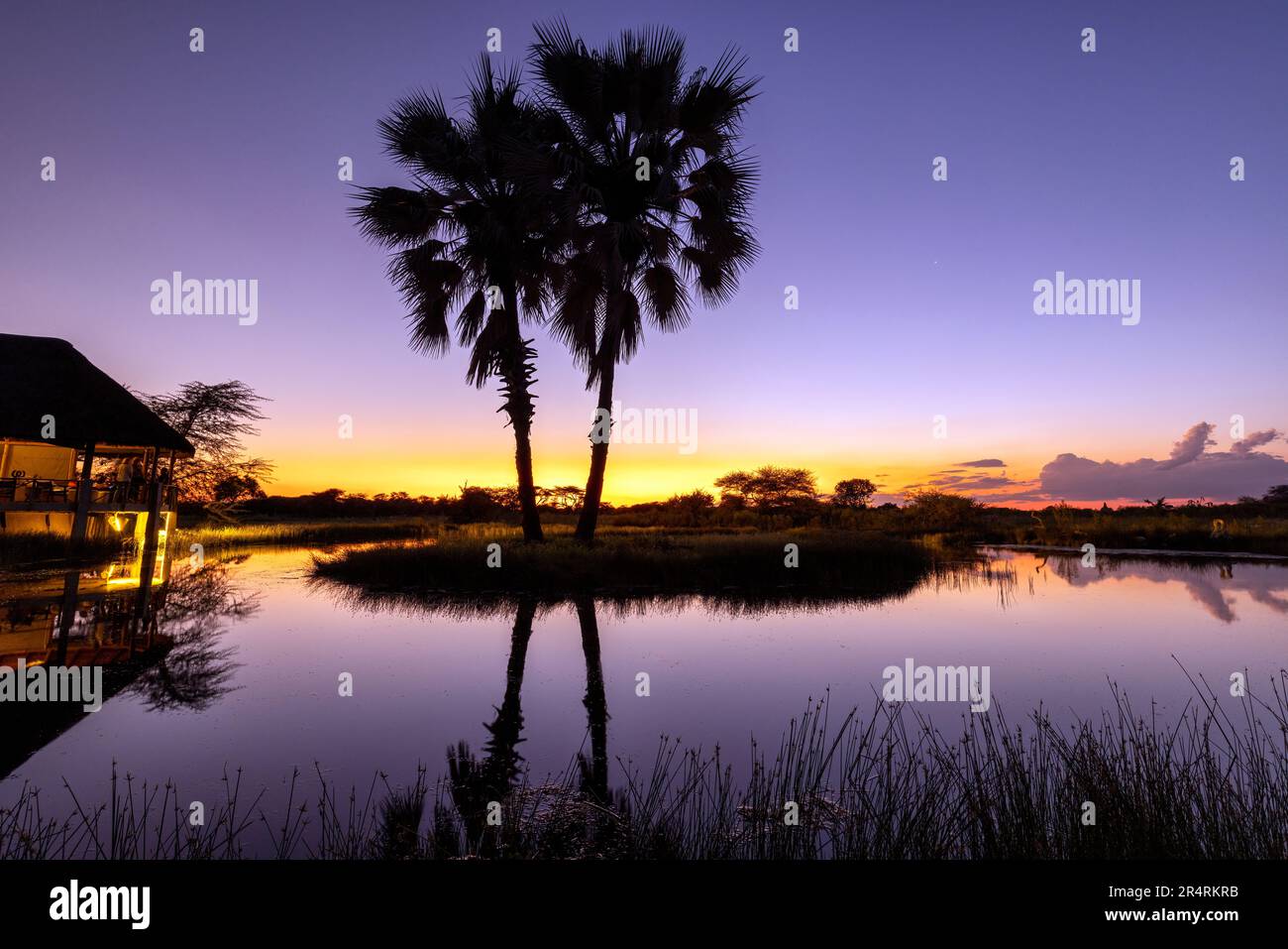 Sunset at the waterhole at Onguma Bush Camp, Onguma Game Reserve ...
