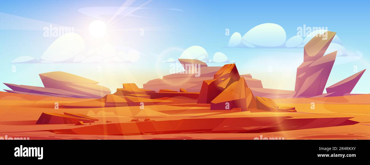 Uninhabited desert landscape under blazing sun in blue sky. Vector ...