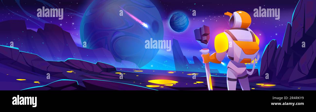 Astronaut explore planet in space cartoon fantasy vector background ...