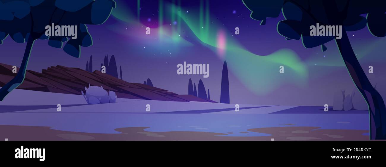Aurora Borealis in night polar sky, many stars above snowy territory ...
