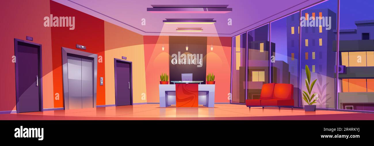 Company office interior with furniture at night. Vector cartoon ...