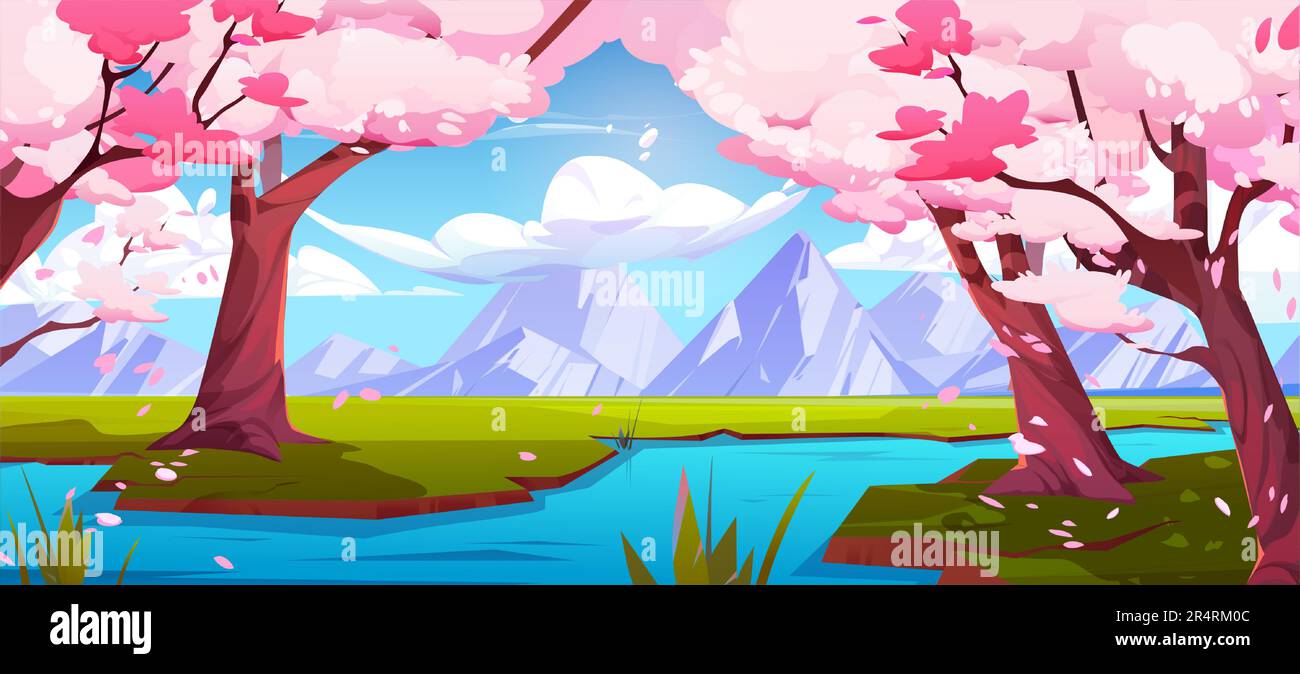 Riverside sakura garden on mountain background. Vector cartoon ...