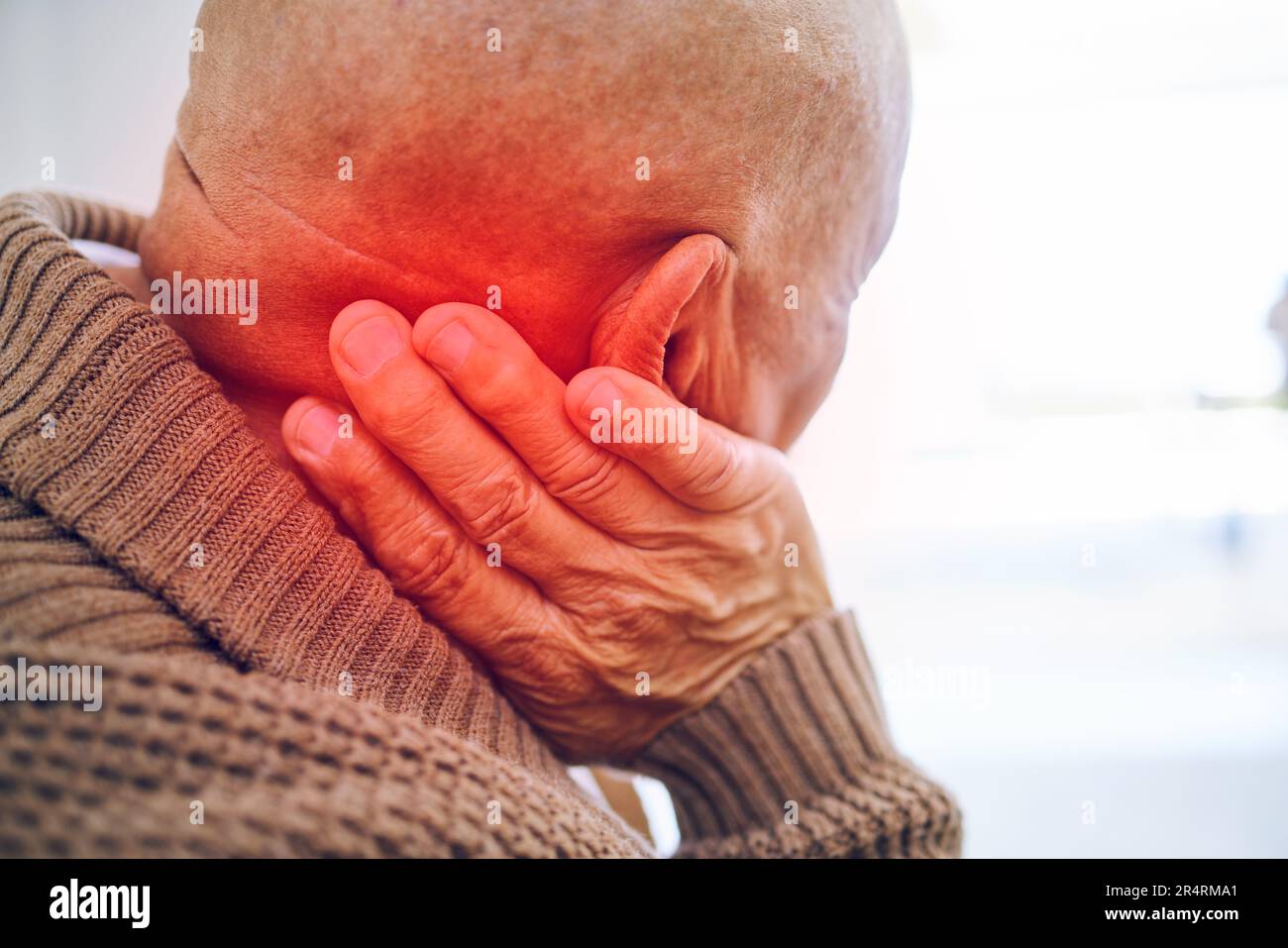 Old man, neck pain and health with injury and red overlay, muscle ...