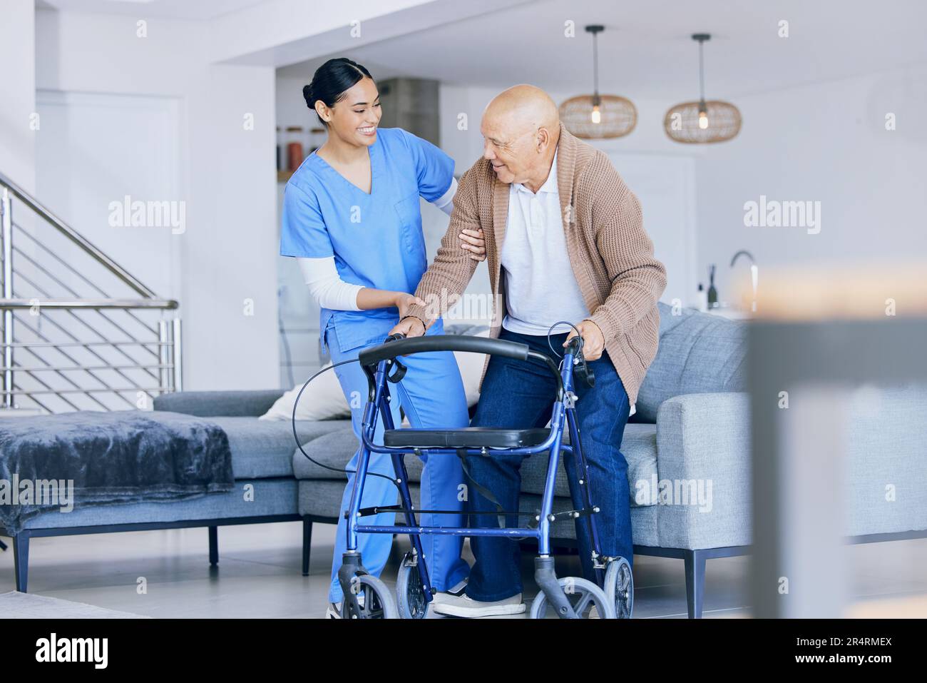 Senior man with walker, woman caregiver and retirement, health with ...