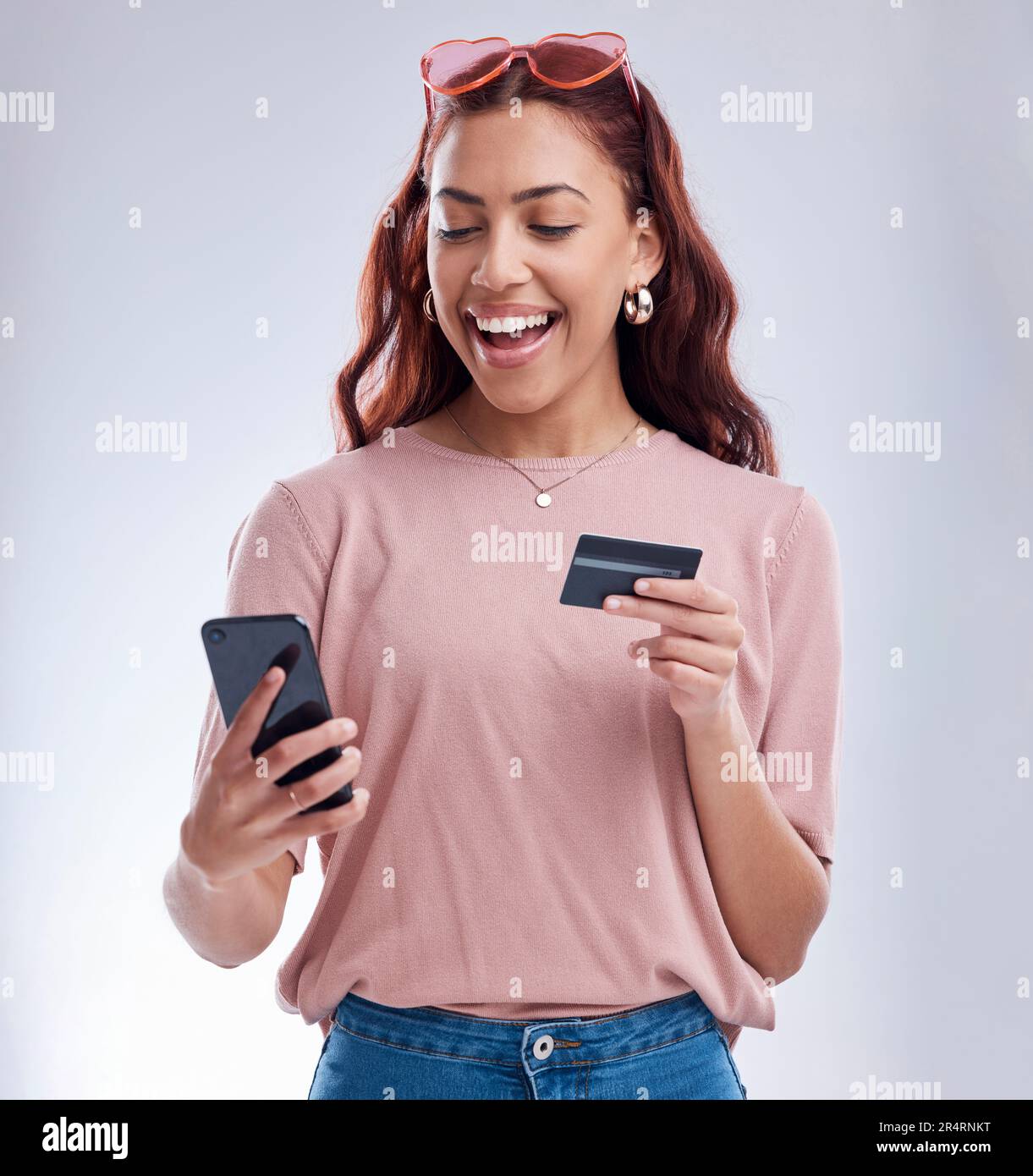 Finance, phone or excited girl with credit card for online investment ...