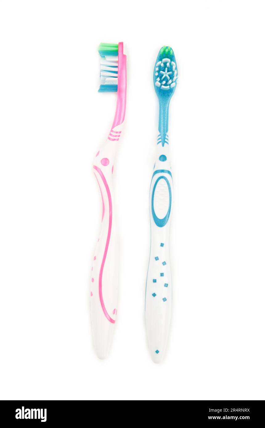 Toothbrushes isolated on white background with copy space. Top view ...