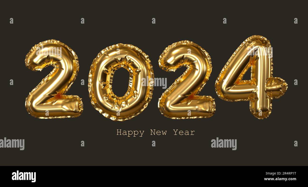2024 New Year. 3D illustration of numbers 2024. black background, gold ...