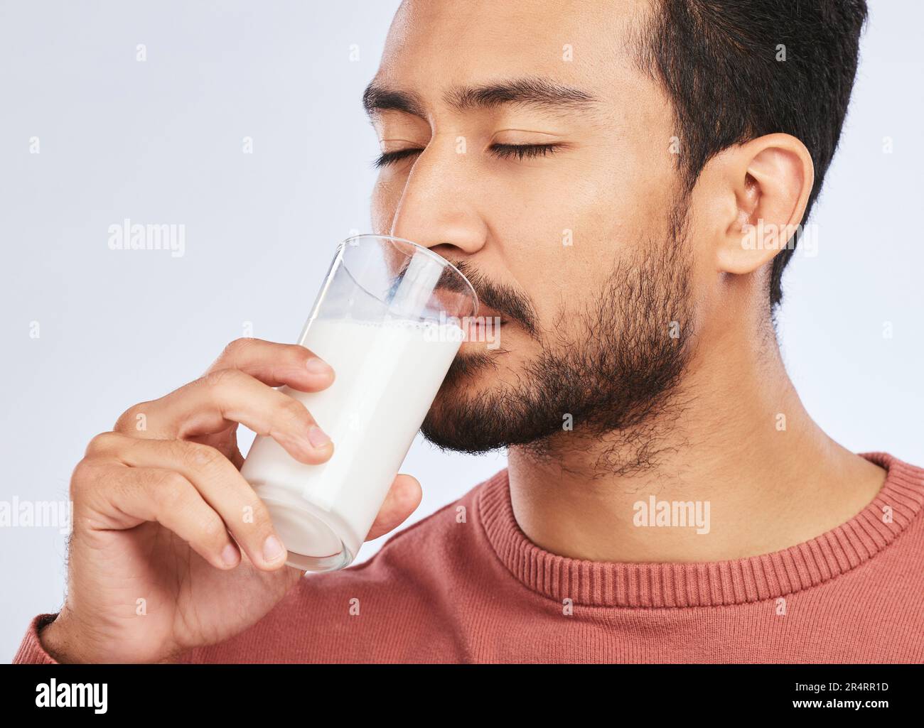 Man drinking milk, health and nutrition with calcium, vitamins and ...