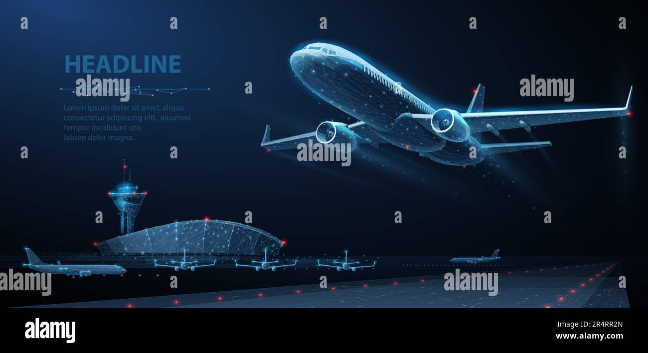 Takeoff of an airplane and an airport in background. Air transport ...