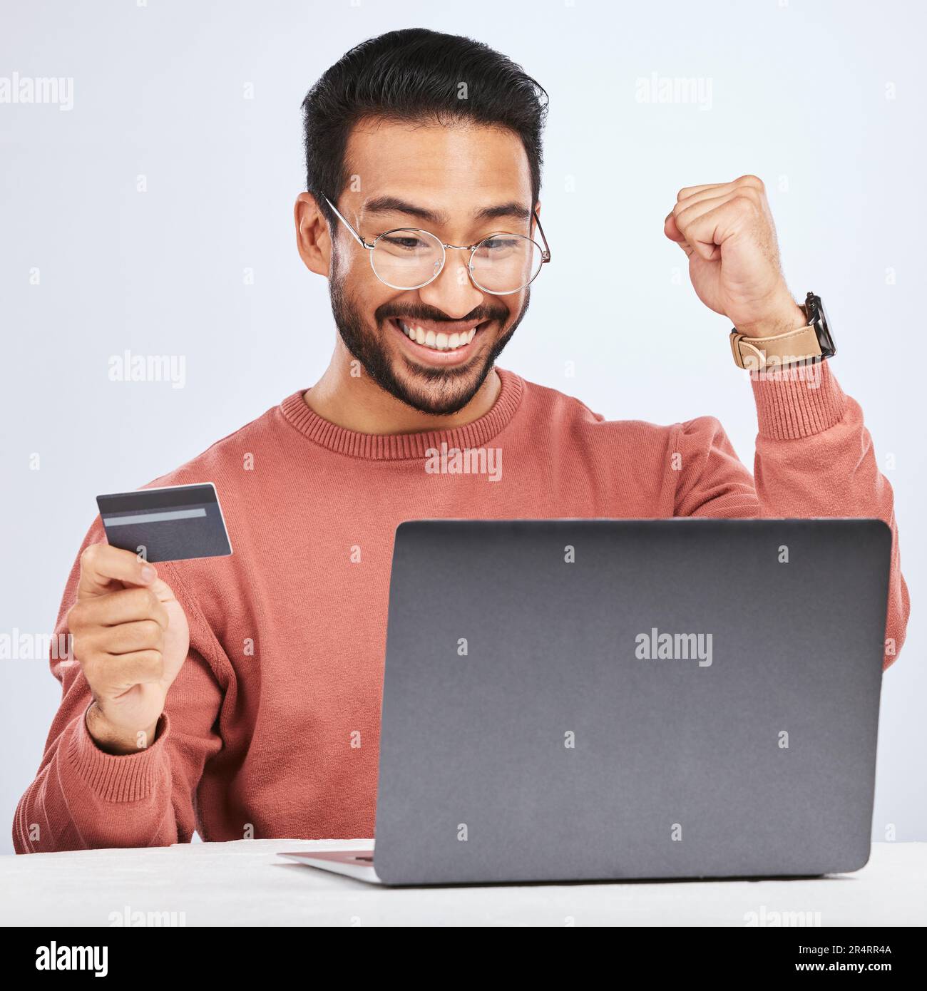 Laptop, credit card and man excited for online shopping, e commerce and ...