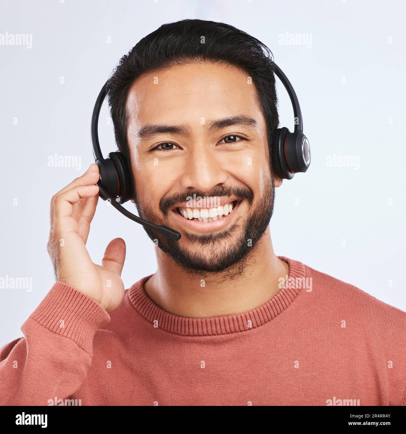 Man with headset, call center and contact us in portrait, smile and ...