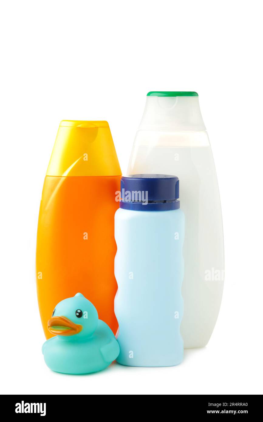 Colored shower gel bottles and duck isolated on white background. Top ...