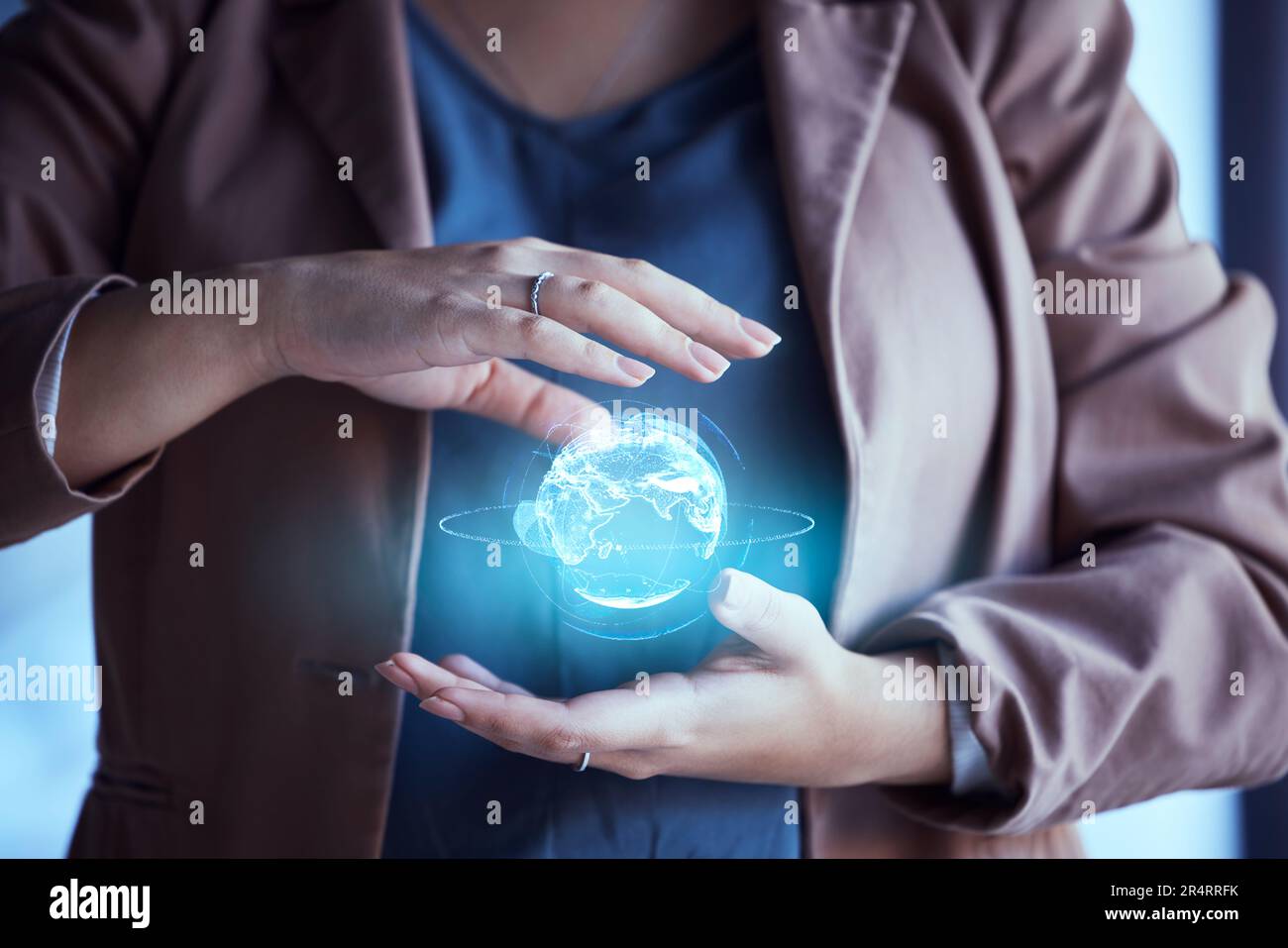 Woman, hands and hologram earth in night at office for global network ...