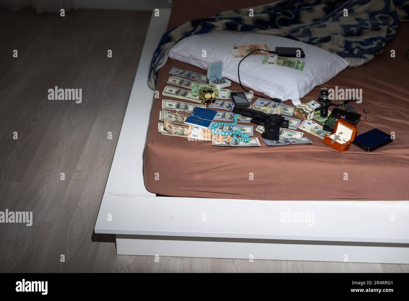 Flat lay composition with evidences and crime scene markers on ...
