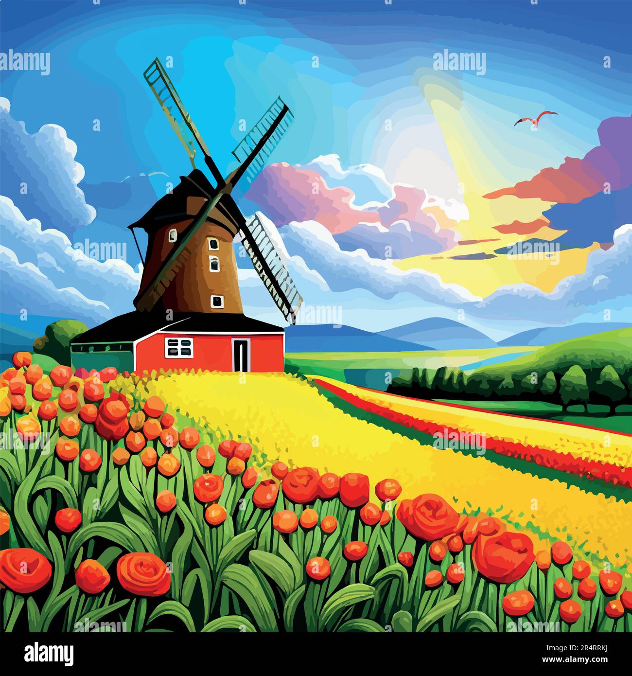 Netherlands, tulip fields and windmill Stock Vector Images - Alamy