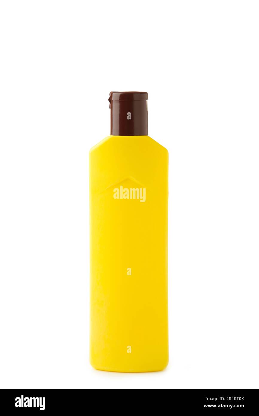 Yellow plastic container of cleaning product isolated over white ...