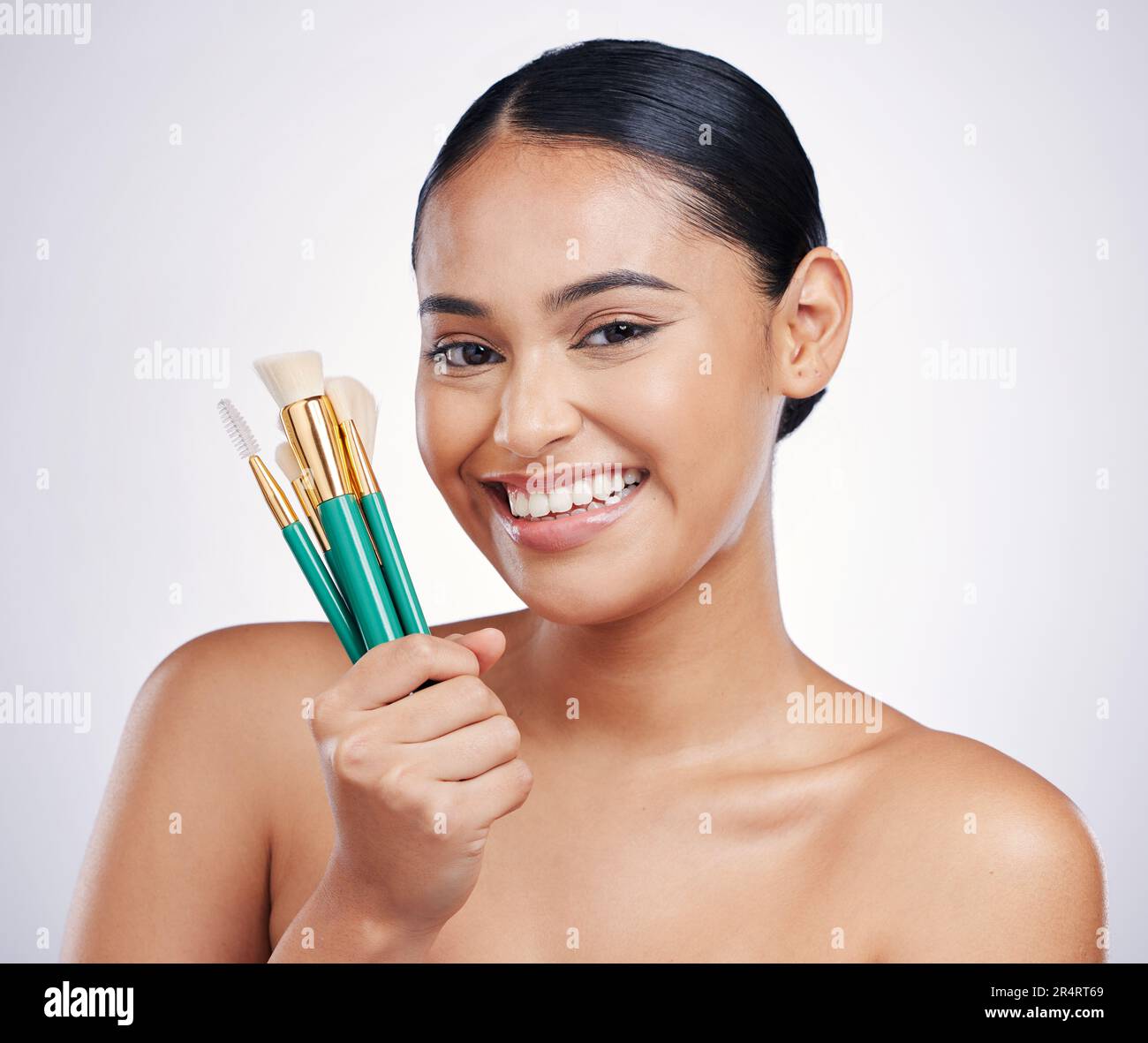 Makeup brushes, face and beauty, woman with smile, foundation and ...