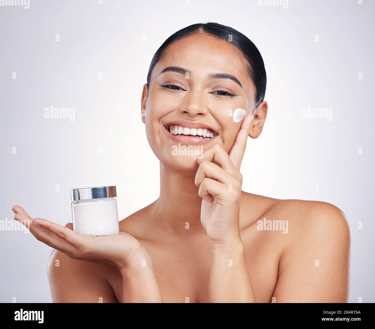 Happy woman, portrait and cream product in skincare, moisturizer or ...