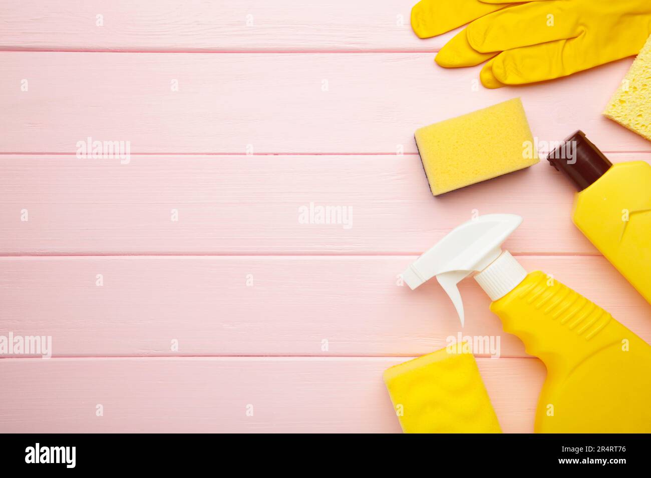 Cleaning Set. Yellow tools for cleaning. Cleaning agents, spray, rubber ...