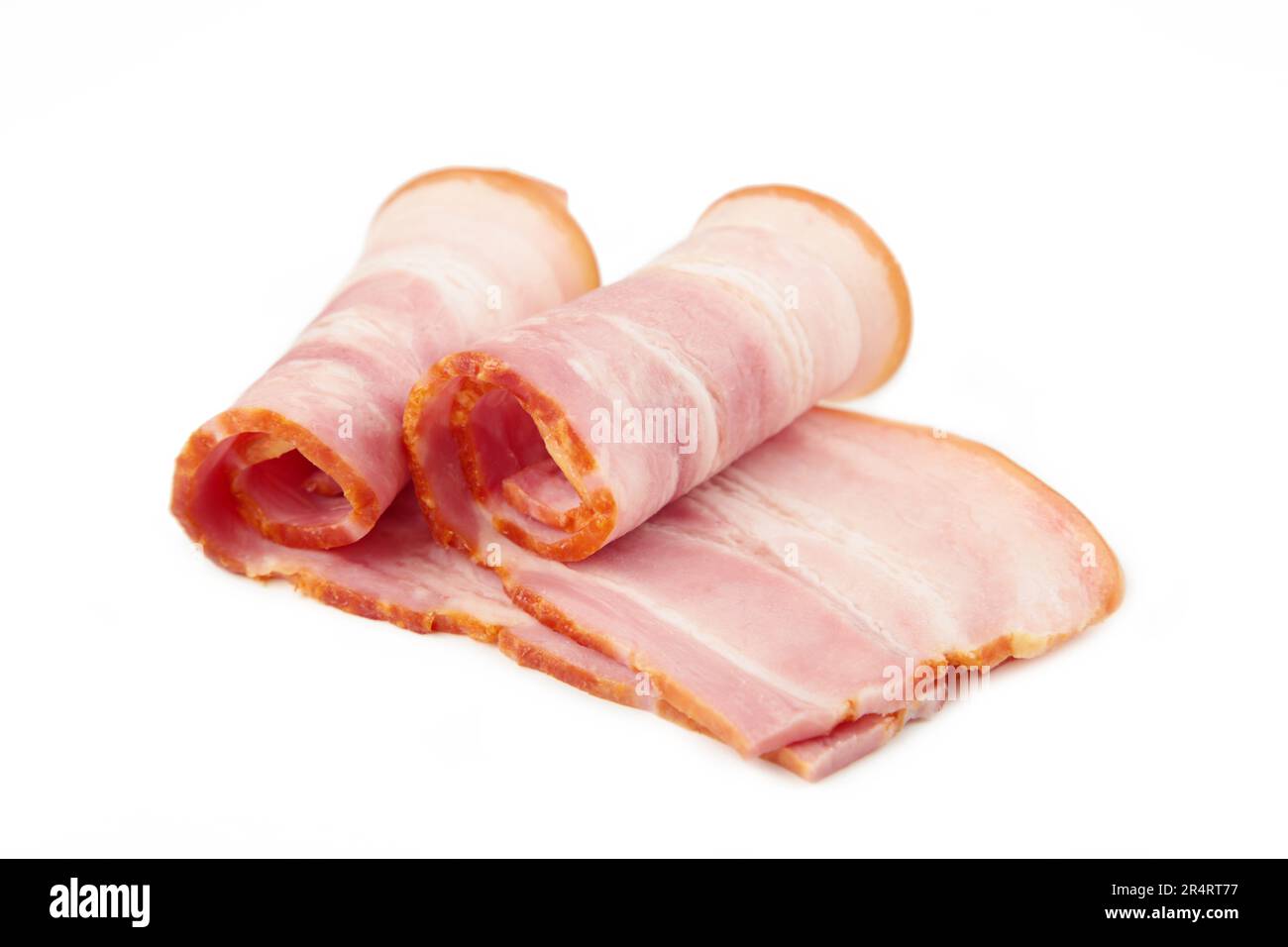 Fresh raw slices bacon isolated on white background. Roll of bacon. Top ...
