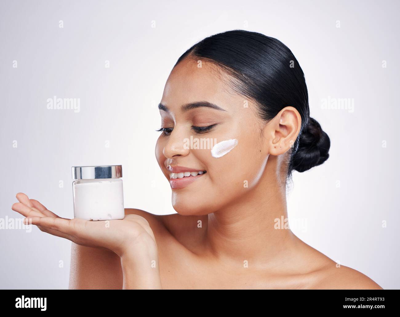 Happy woman, face cream and product in skincare cosmetics or ...