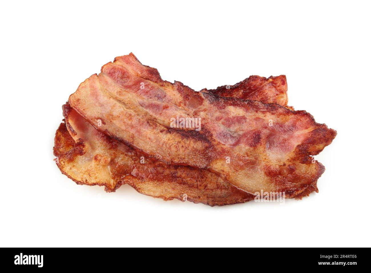 Crispy strips of bacon isolated on white background. Top view Stock ...