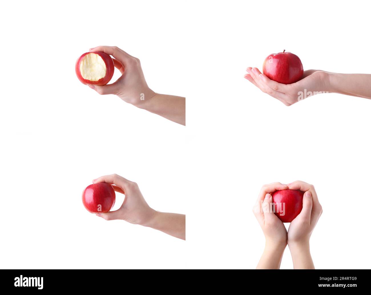 Set of female hands with apples isolated on white, copy space. Top view ...