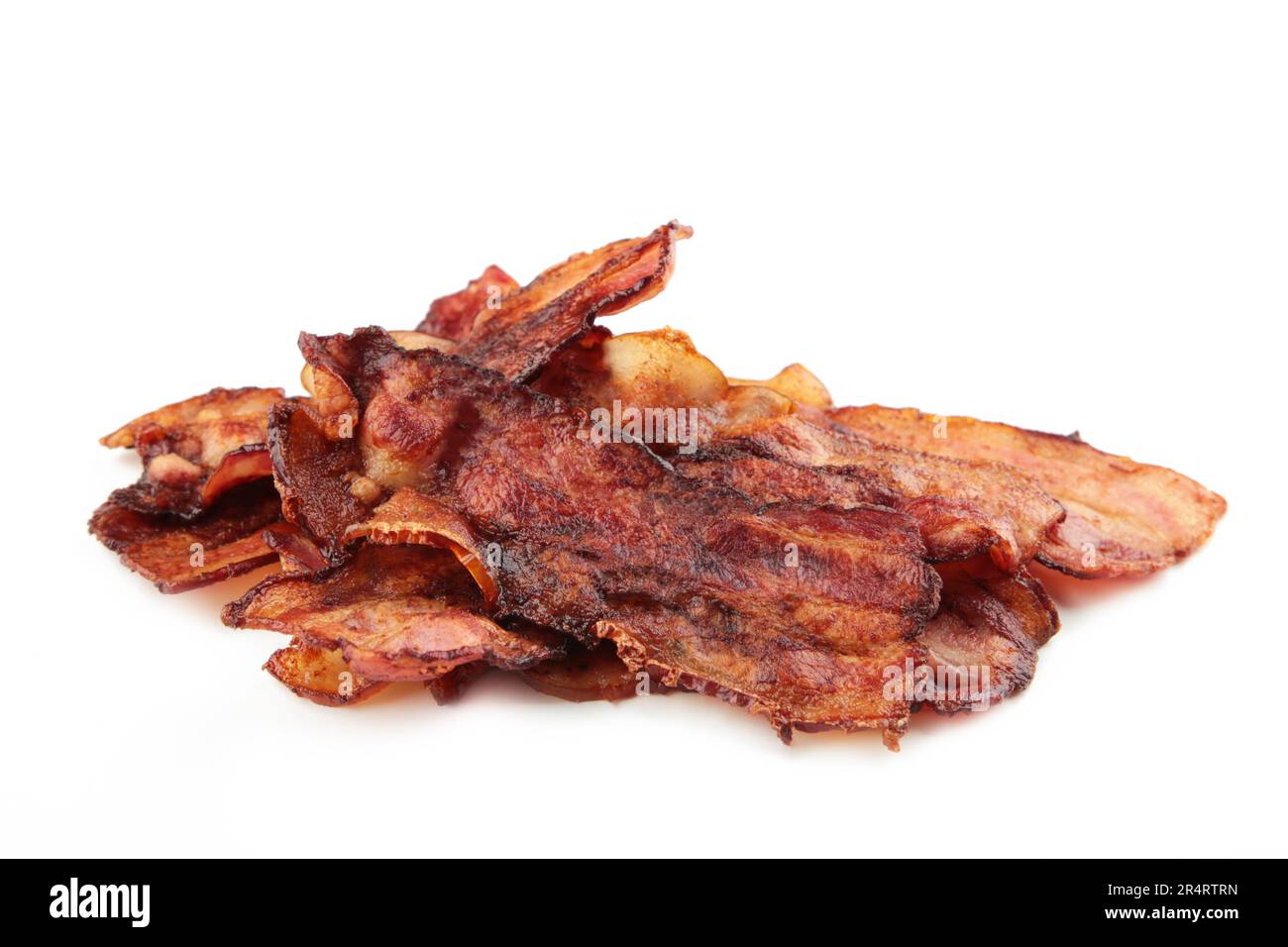 Crispy strips of bacon isolated on white background. Top view Stock ...