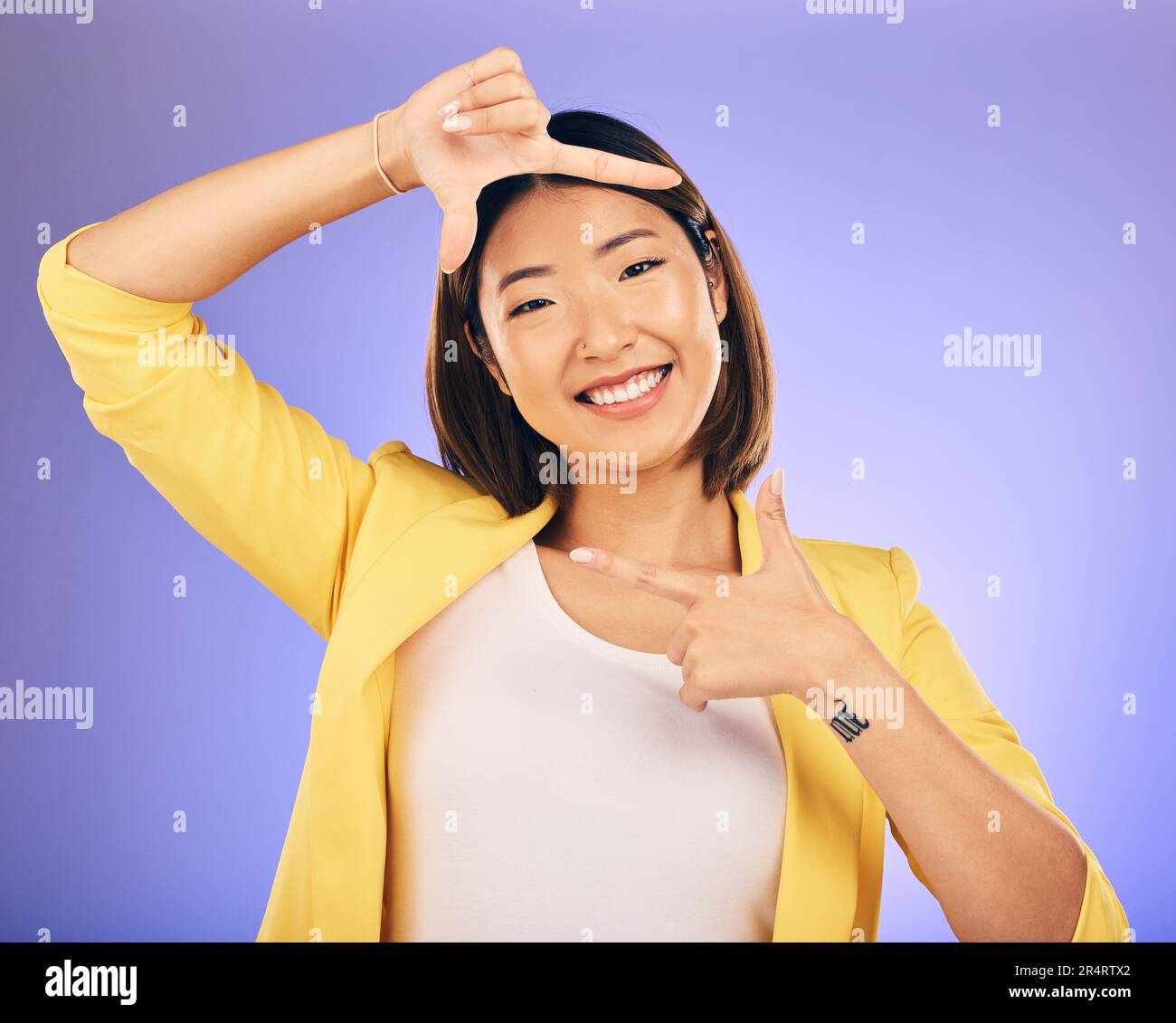 Portrait, frame and Asian woman with a smile, selfie and happy against ...