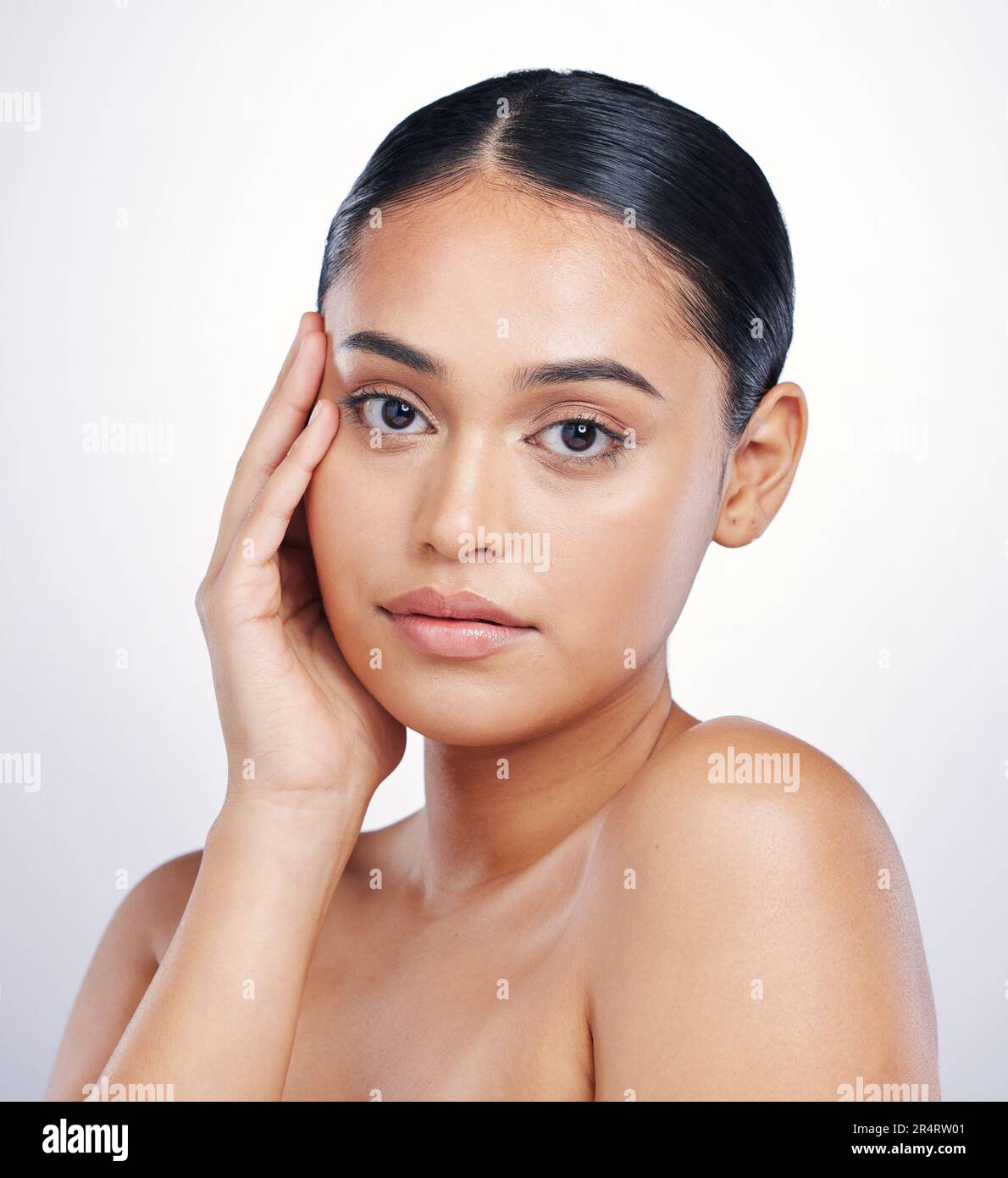 Skin, beauty and face portrait of a woman in studio for glow ...